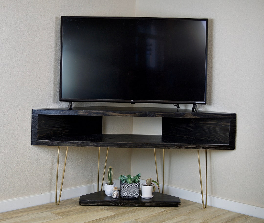 Wood Corner Console Table | TV Media Table | Corner TV Shelf | Mid ...