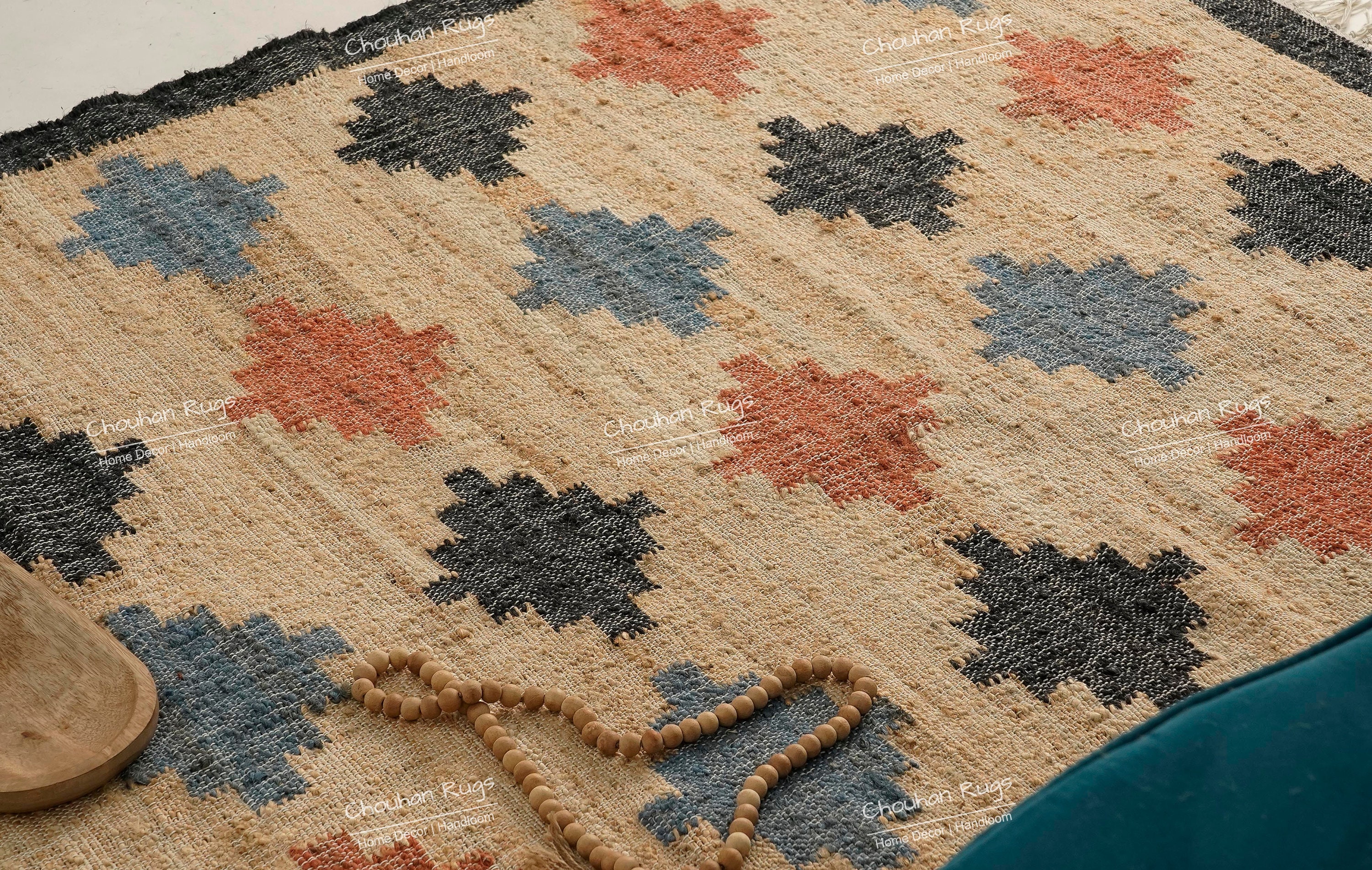 Handmade Natural Jute Cotton Rug Hand Woven Diamond Pattern Boho Modern ...