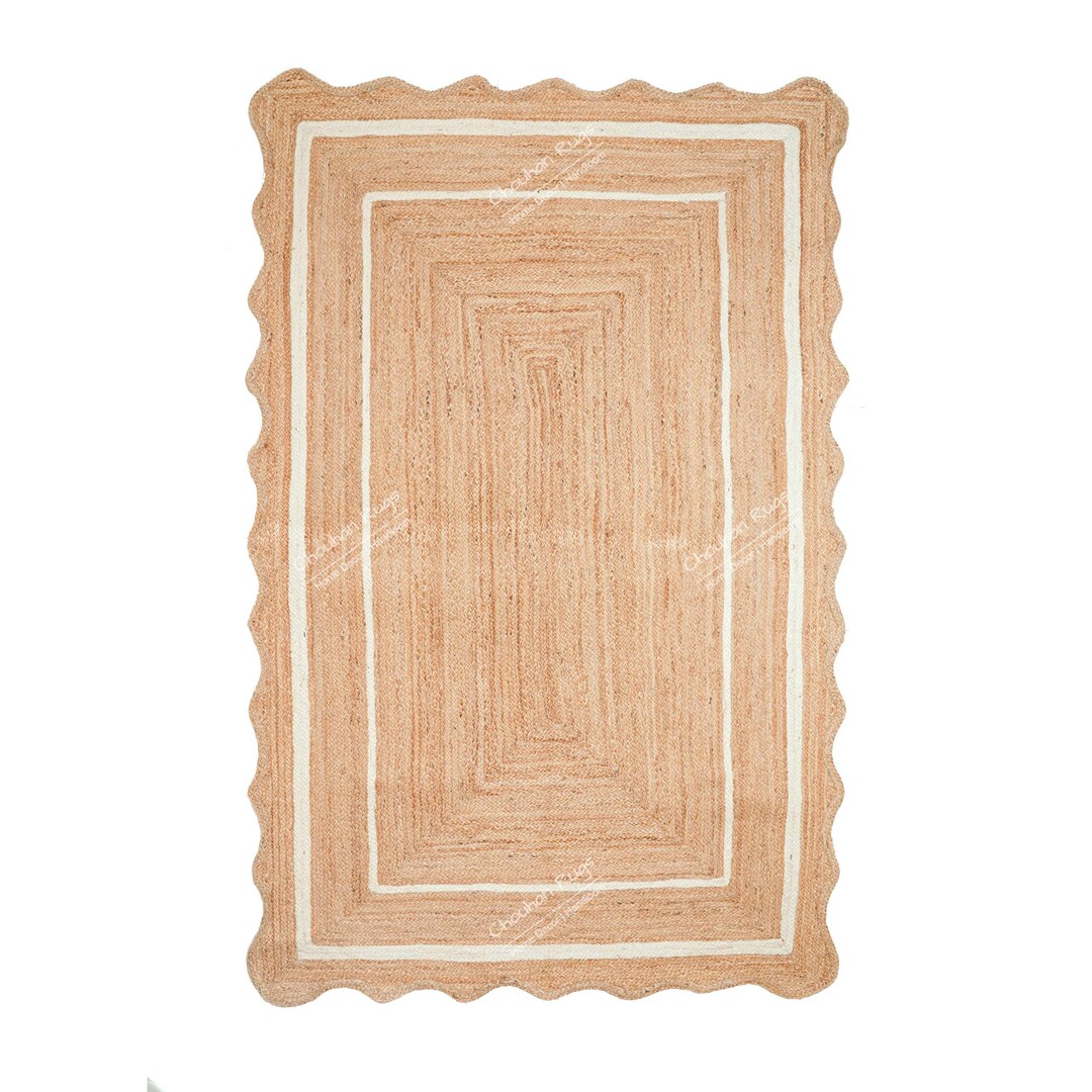 Jute Rug- White Border Jute Scalloped Rug Bohemian Scallop Rug Natural ...