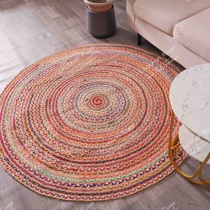 Hand Braided Cotton and Jute Multi-color Round Rug, Indian Handmade ...