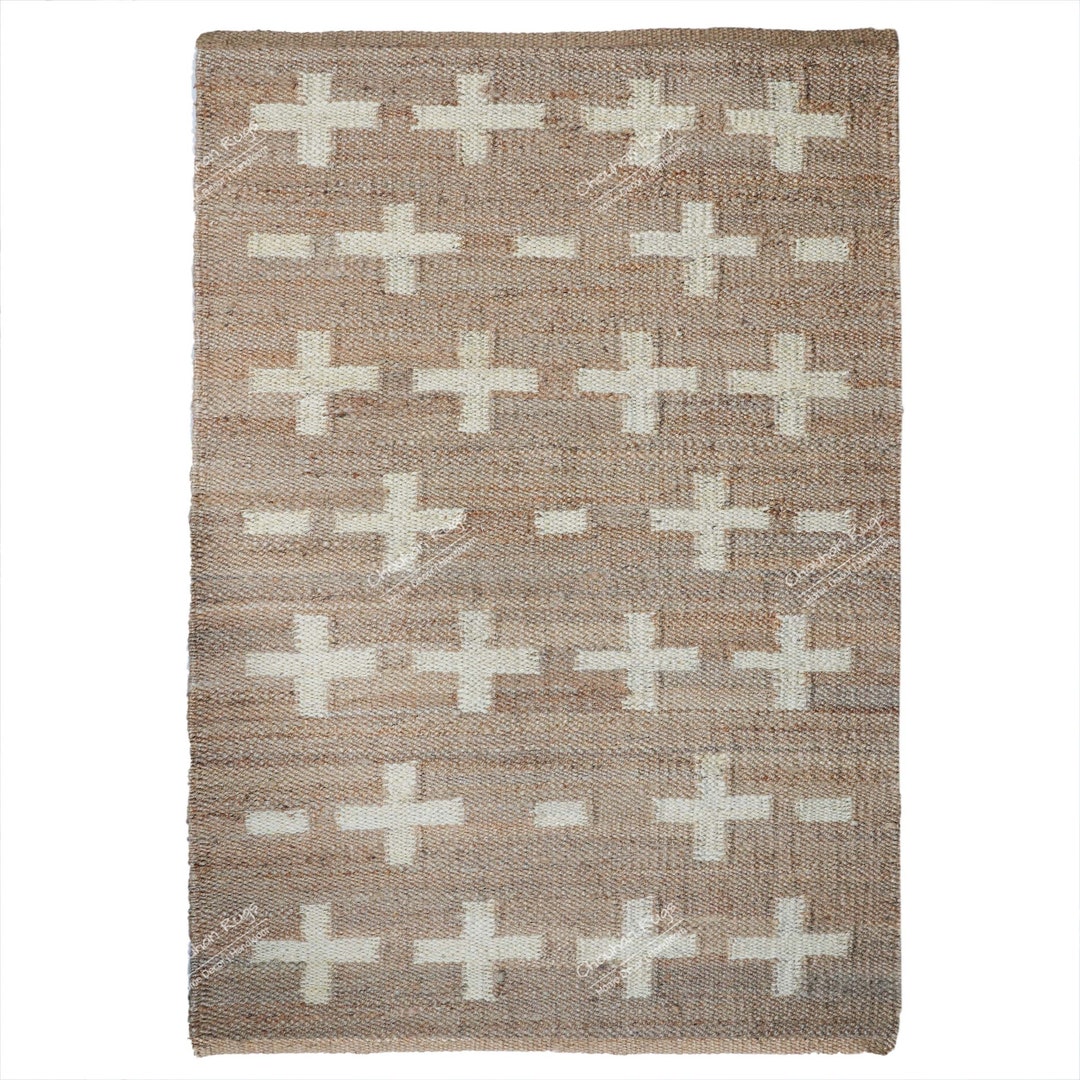 Hand Loomed Natural Jute Hemp Rug With White Plus Design: Handwoven ...