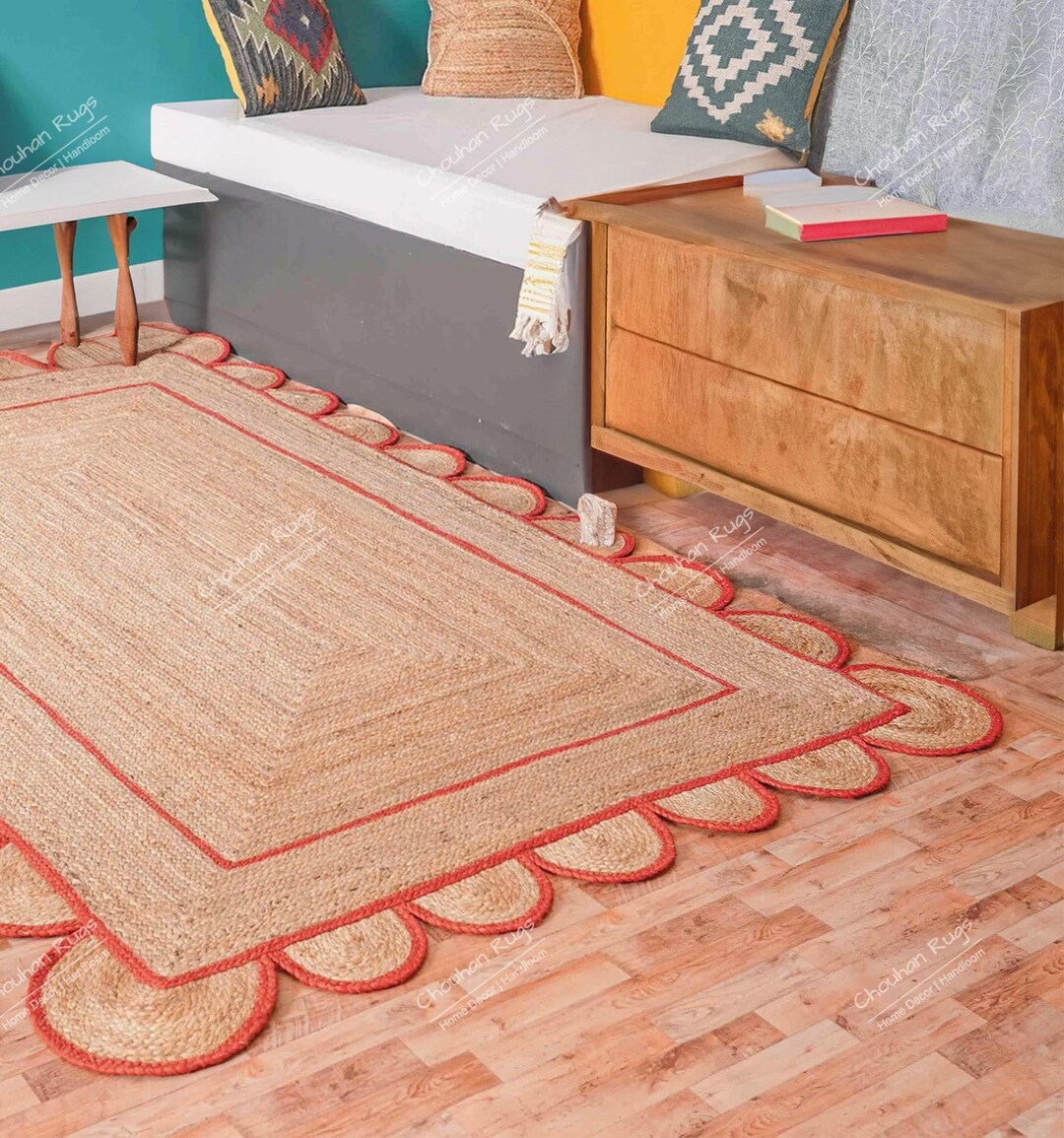 Braided Scalloped Jute Rug Red Scallop Border Rug Boho Rug Natural Jute ...