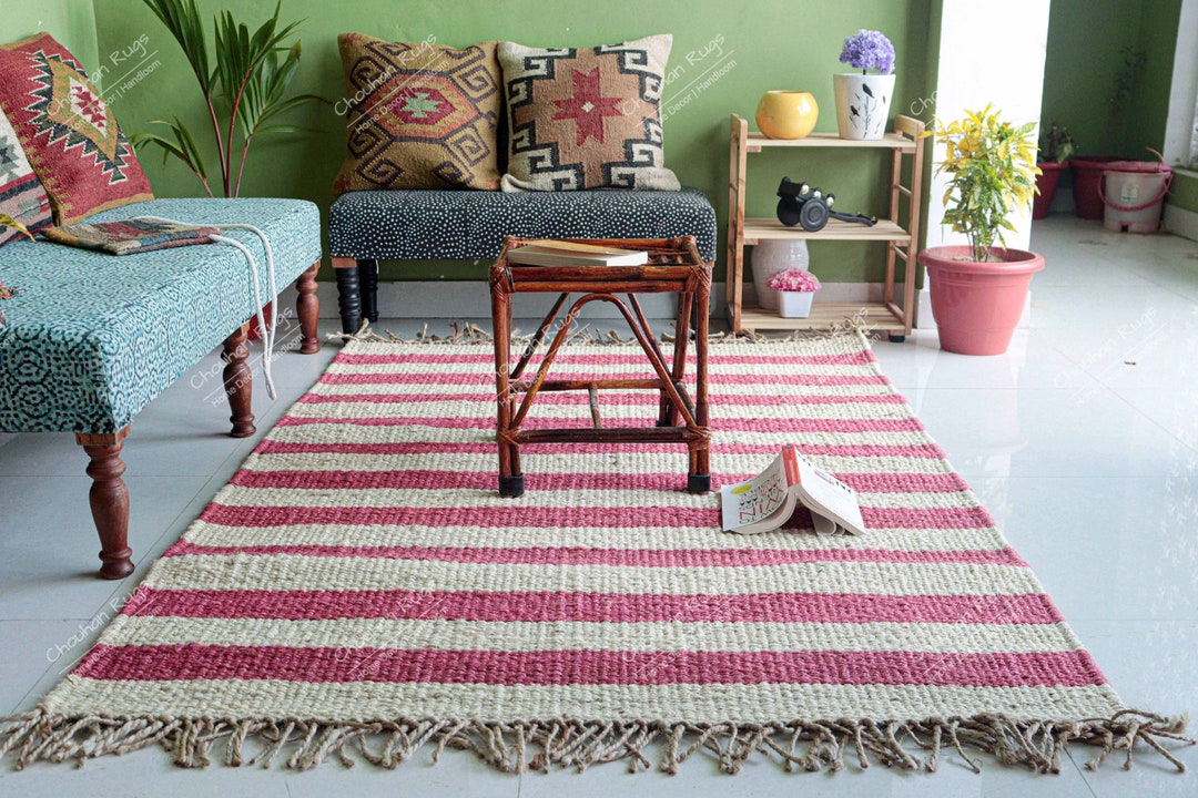 Handwoven Boho Decor Hemp Jute Rug With Stripes Hemp Rug for Home and ...