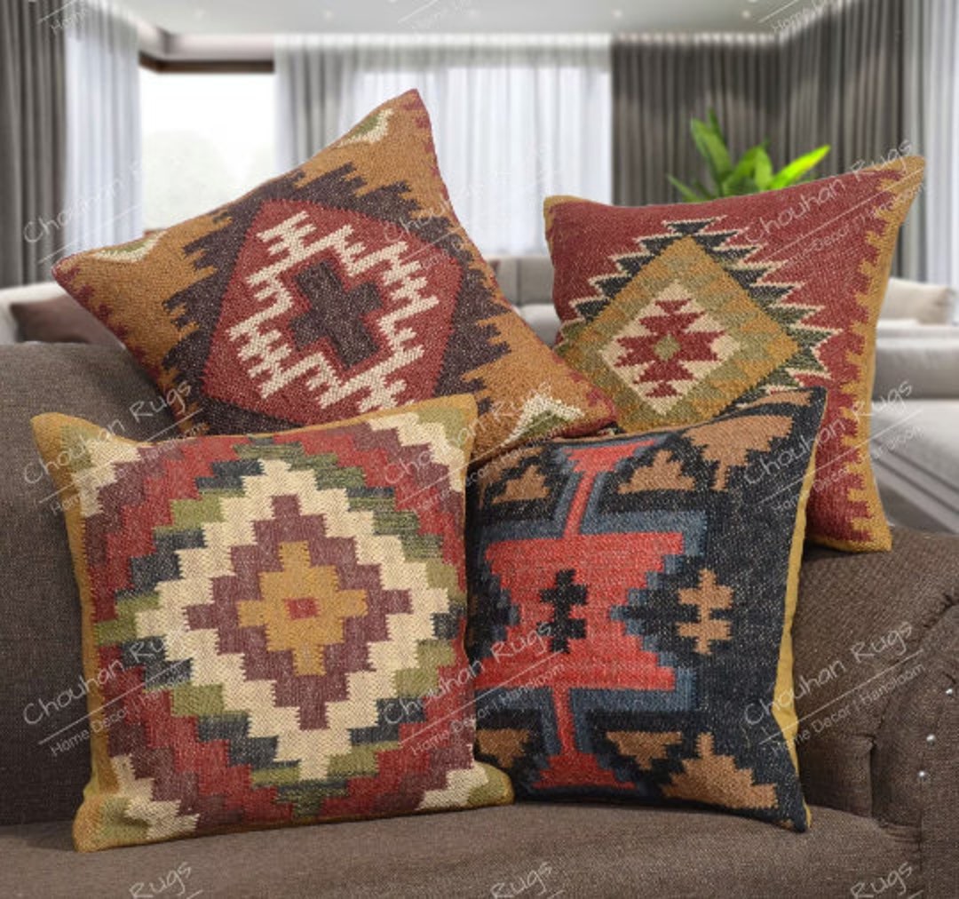 4 Set of Vintage Jute Cushion Cover Throw Indian Jute Cushions Handmade ...