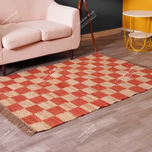 Hand-woven Checkered Box Design Jute Kilim Rug Beige and Red Kilim Jute ...