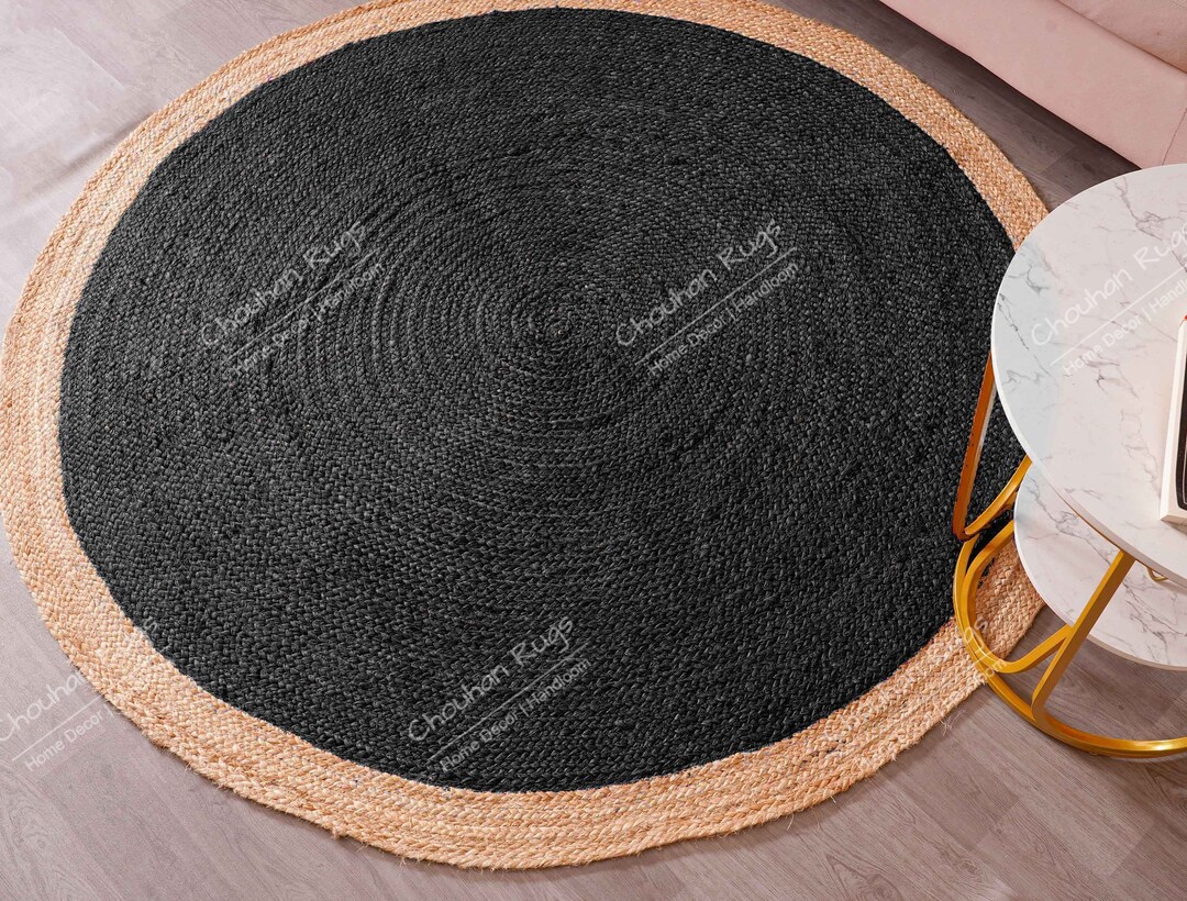 Custom Size Hand Braided Black Jute Round Rug With Beige Border ...