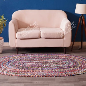Bohemian Colorful Cotton Area Rugs Hand Braided Oval Rugs Multi Color ...
