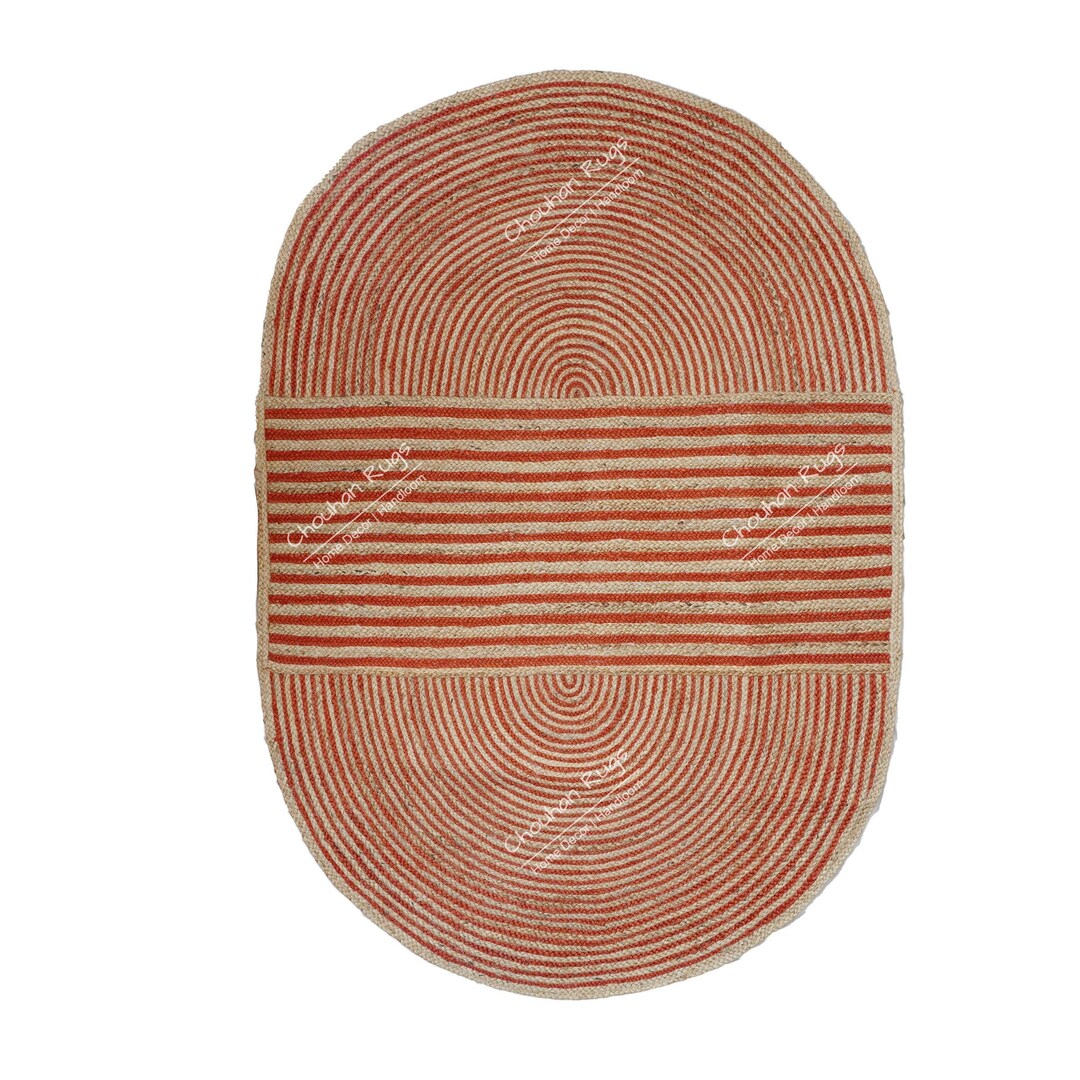 Hand Braided Natural Jute Rug With Orange and Pink Color Stripes Oval ...