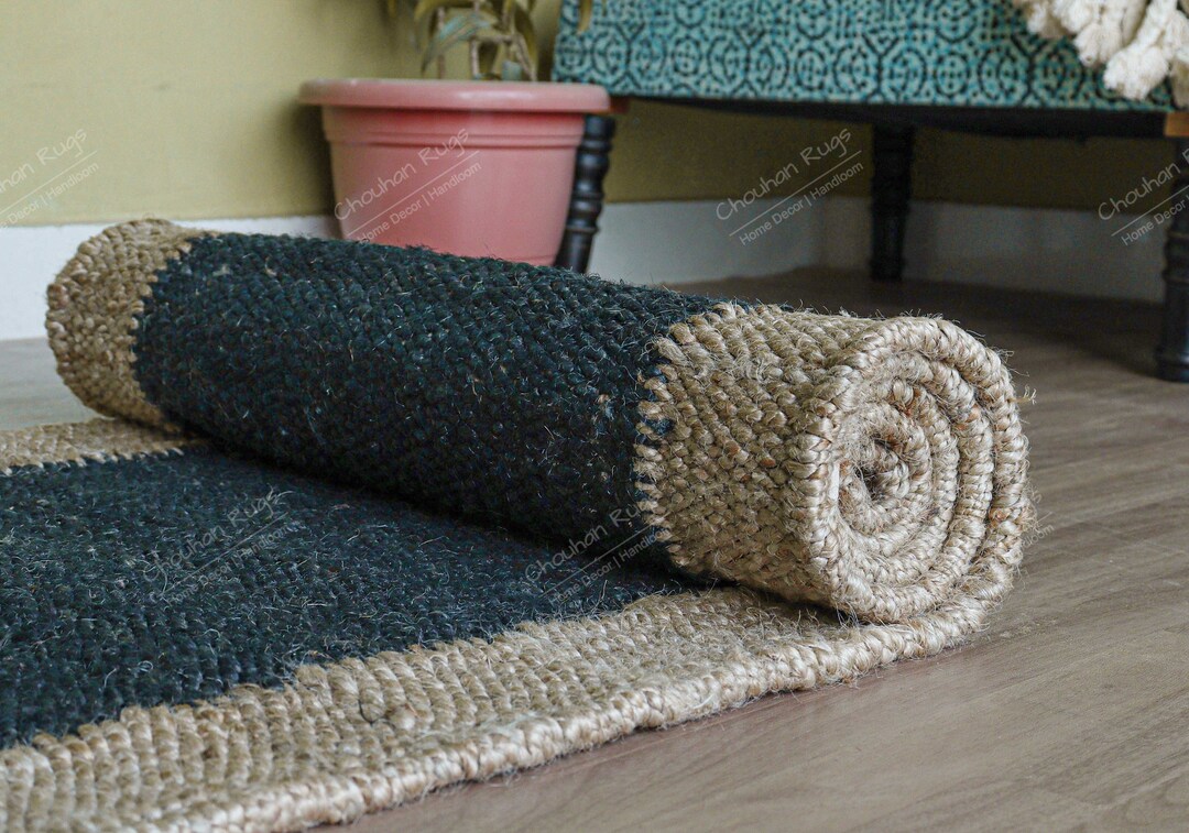 Handwoven Black With Beige Border Hemp Jute Runner Rug | Natural Boho ...
