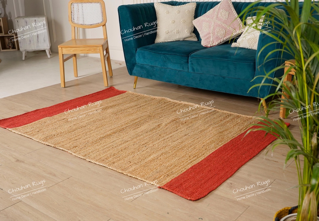 Handmade Natural Jute Rug With Red Border Jute Rug in Various Design ...