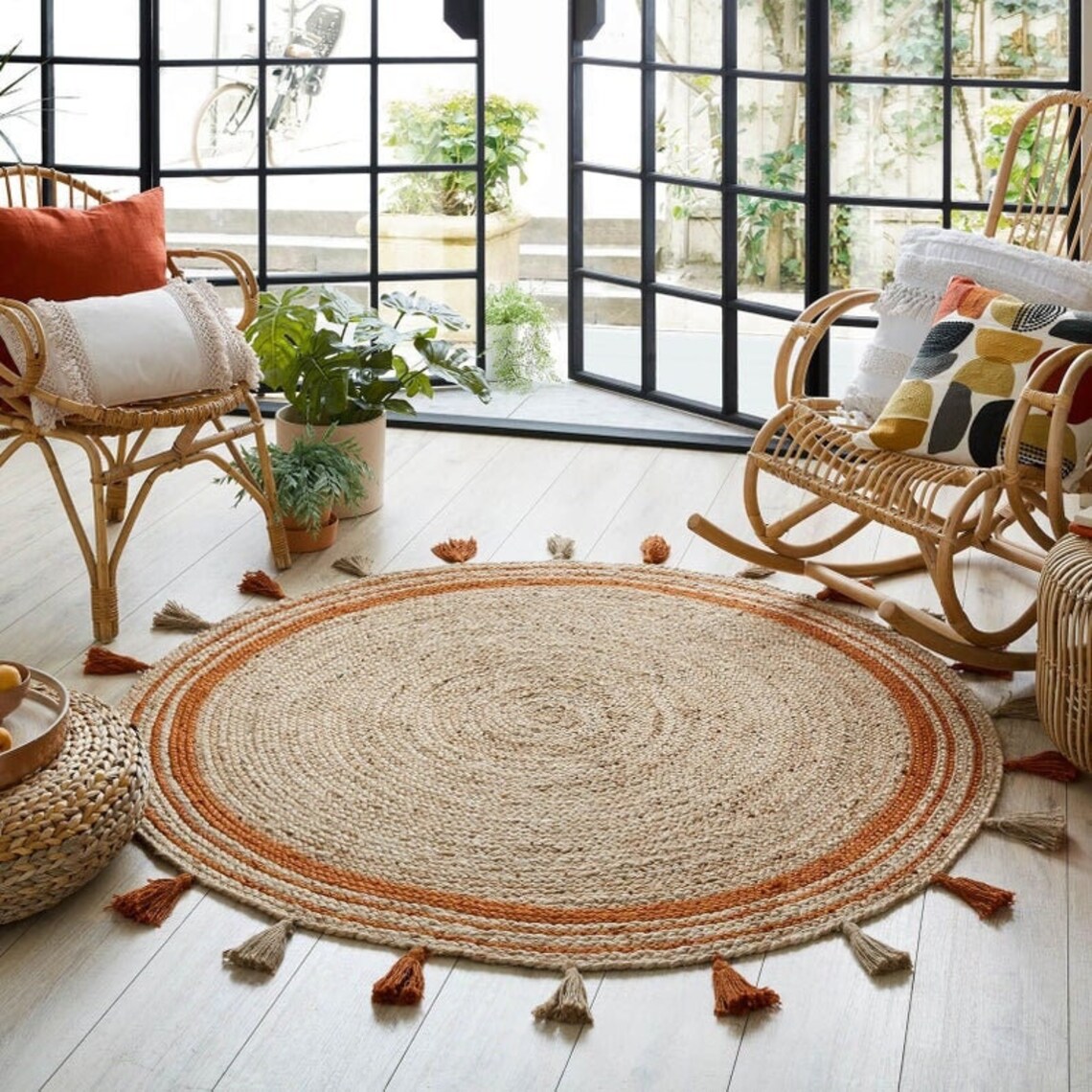 Indian Hand Woven Round With Fringes Jute Rug Round Yoga Mat - Etsy