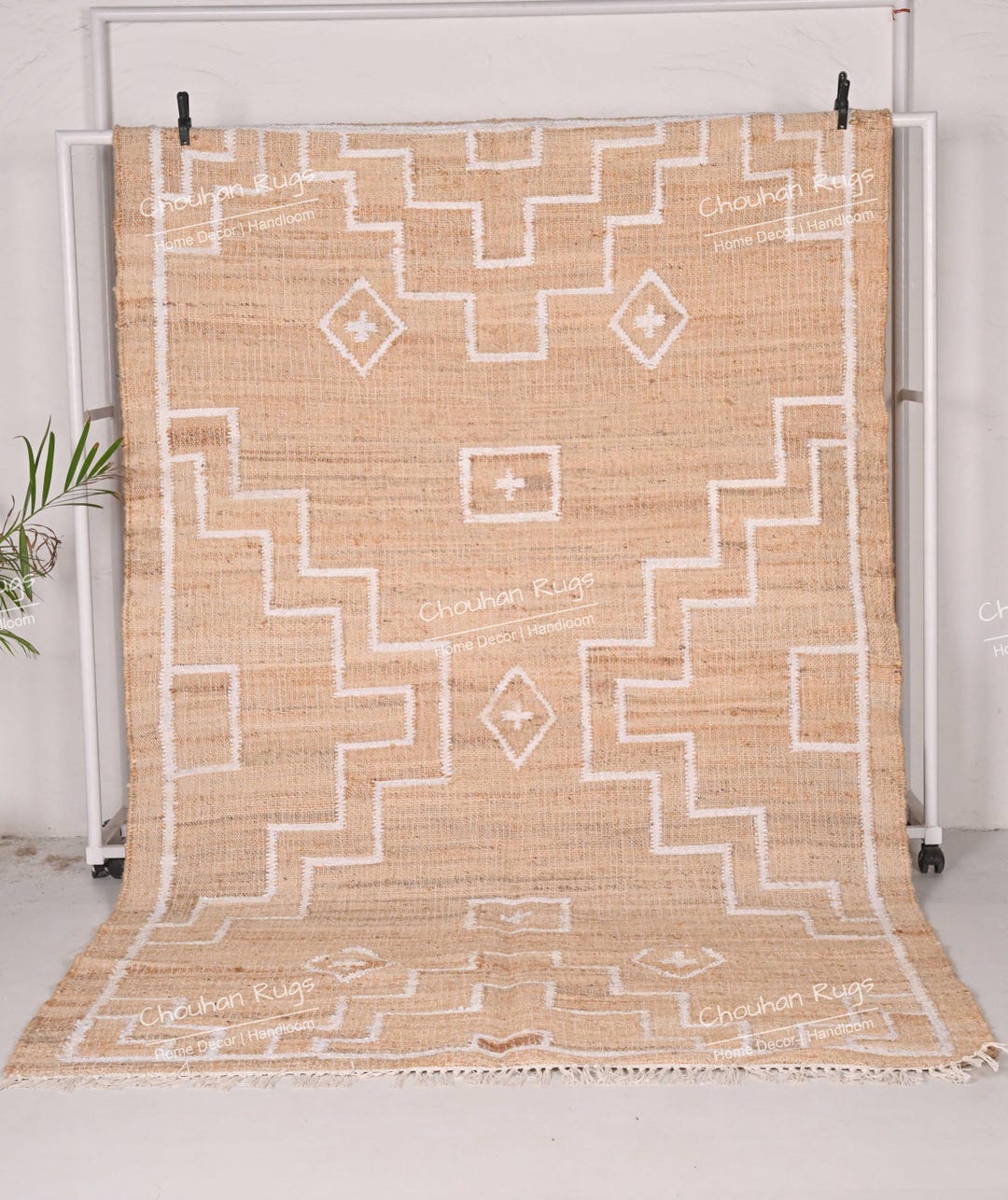 Custom Size Handwoven Natural Cotton Jute Rug With White Pattern Rug ...
