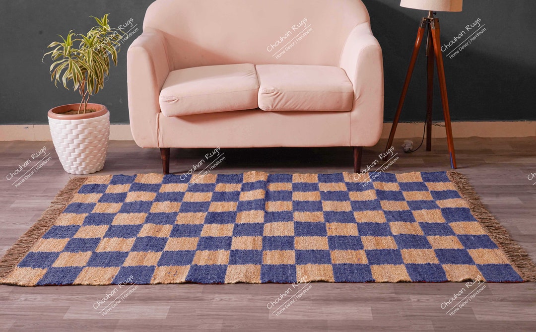 Beige With Custom Color Box Design Checkered Wool Jute Hemp Kilim Rug ...