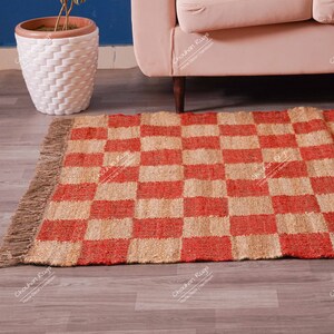 Hand-woven Checkered Box Design Jute Kilim Rug Beige and Red Kilim Jute ...