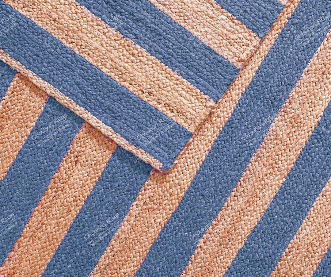 Beige With Light Blue Stripes Jute Braided Rectangle Rug Handmade Jute ...