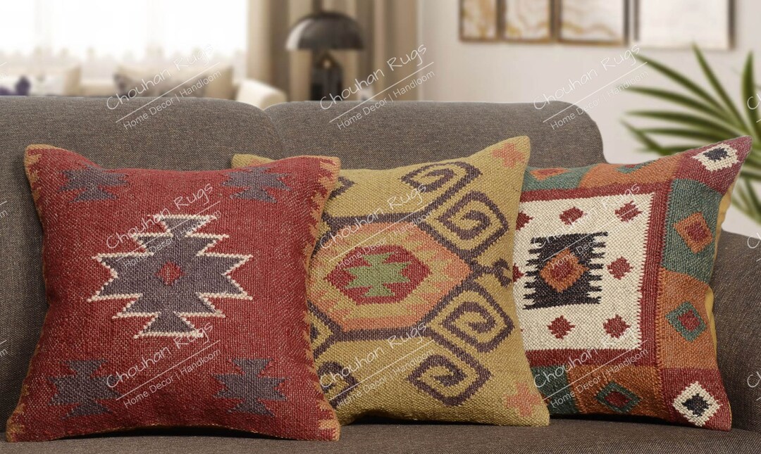 3 Pcs Set of Hand Loomed Cushion Cover Jute Pillows Covers 18x18 Inches ...