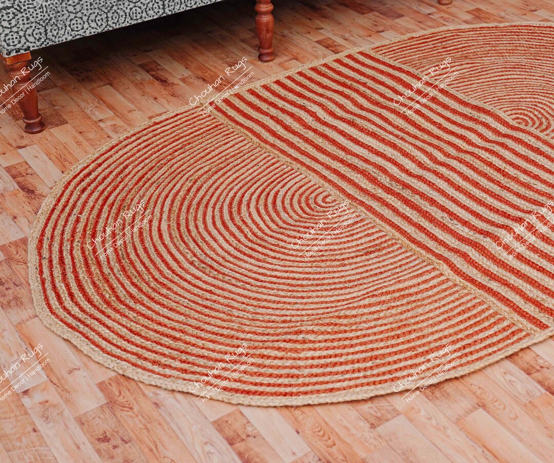 Hand Braided Natural Jute Rug With Orange and Pink Color Stripes Oval ...