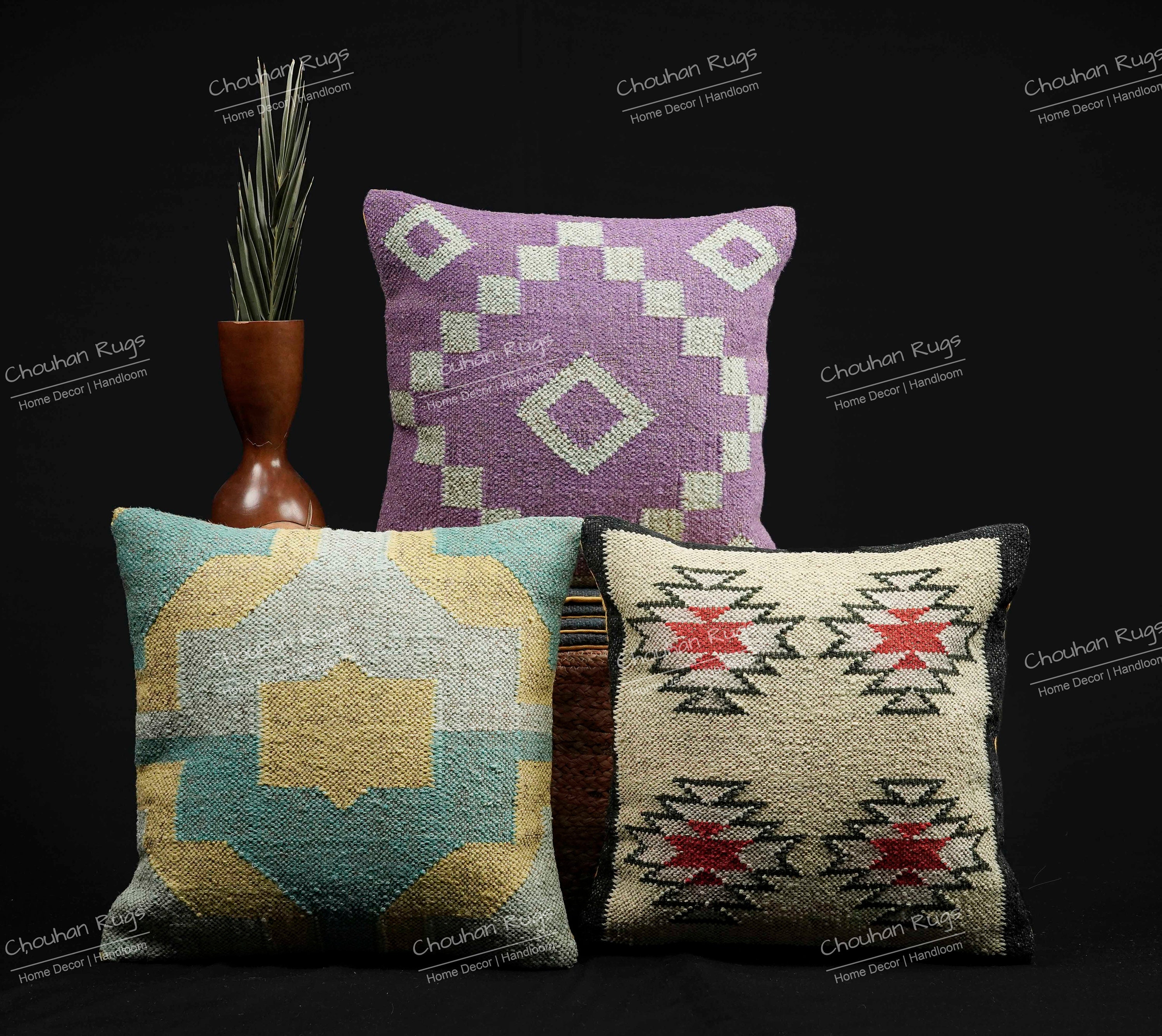 3 Set of 45x45cm Designer Handwoven Wool Jute Cushion Covers Vintage ...