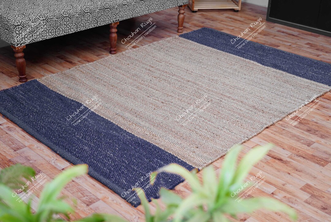 Natural Jute Hemp Rug With Light Blue Border Handmade Bohemian Eco ...