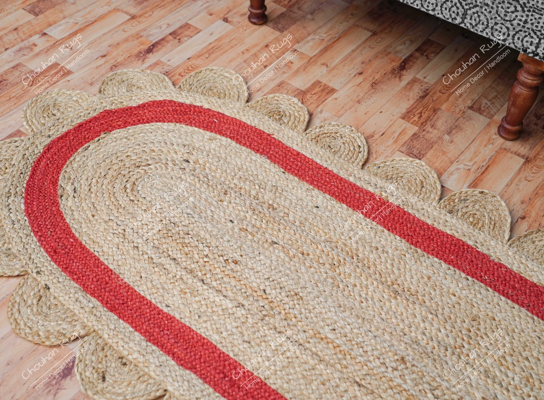 Scalloped Handmade Natural Jute Braided Oval Rug With Red Border ...