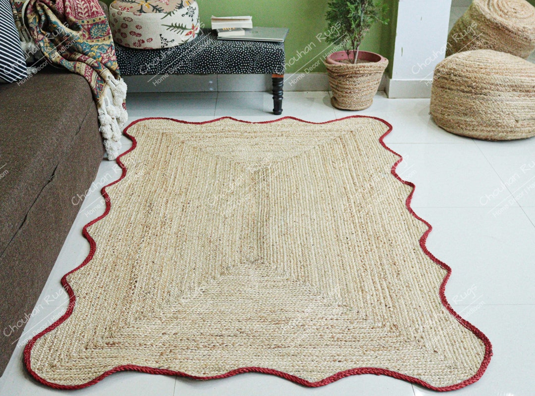 Wavy Edge Scalloped Hand Braided Natural Jute Rectangle Rug With Red ...