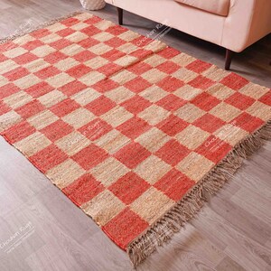 Hand-woven Checkered Box Design Jute Kilim Rug Beige and Red Kilim Jute ...