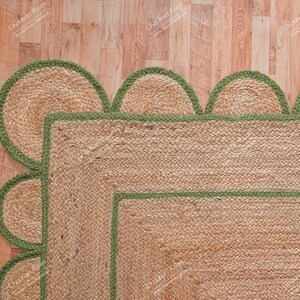 Scalloped Hand Braided Natural Jute Rug With Dark Green Border Handmade ...