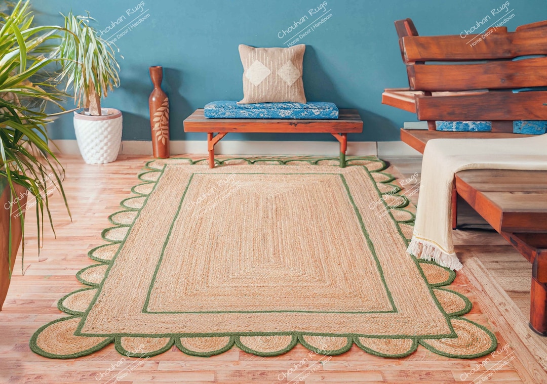 Scalloped Hand Braided Natural Jute Rug With Dark Green Border Handmade ...