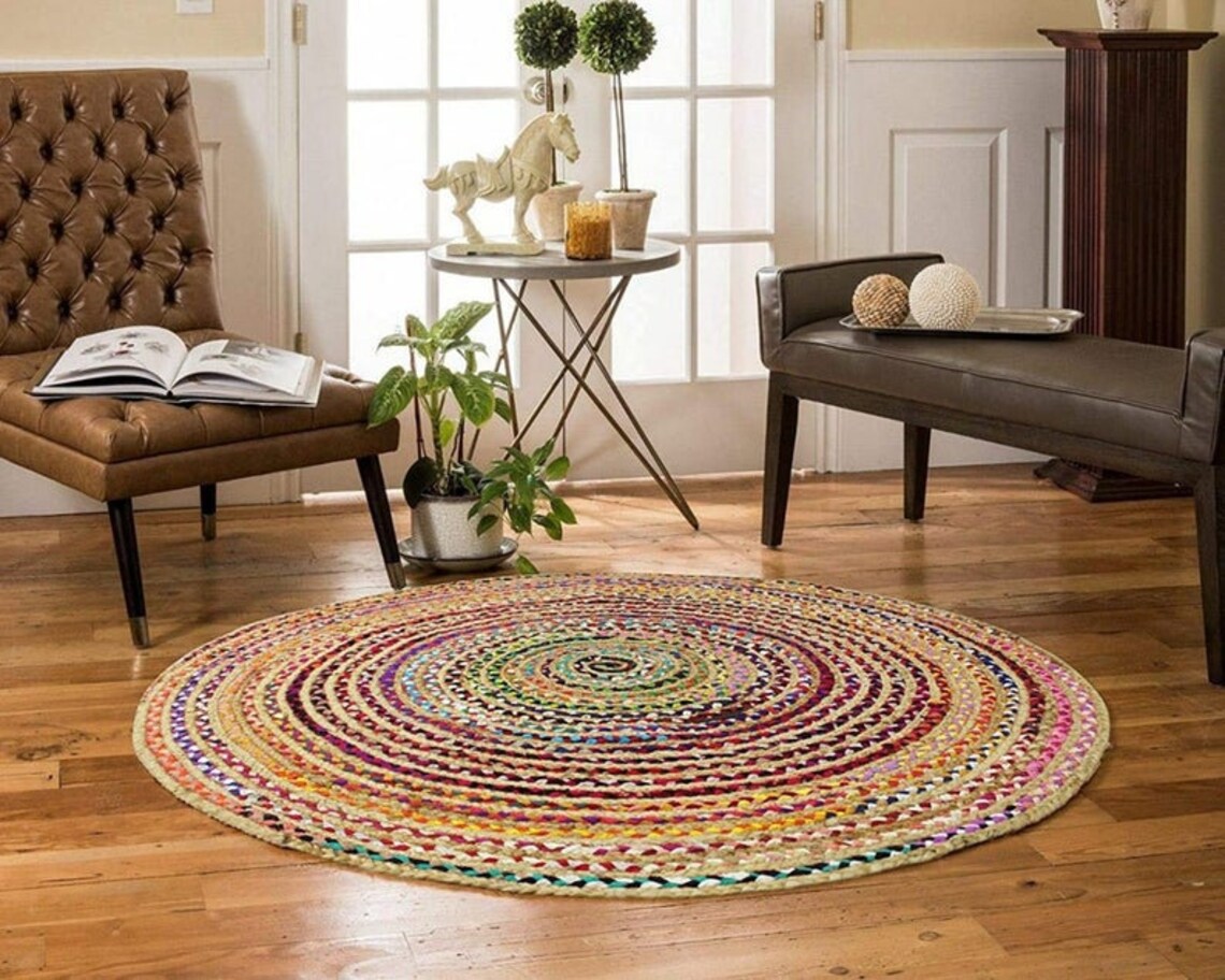 Cotton Multi-color Round Rugs Indian Handmade Jute & Cotton - Etsy
