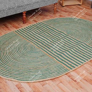 Indian Handmade Natural Jute Braided Oval Rug With Teal and Yellow ...