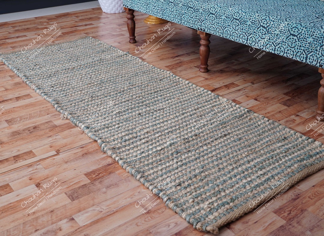 Handmade Beige & Turquoise Jute Runner Rug: Boho Hallway Decor - Etsy
