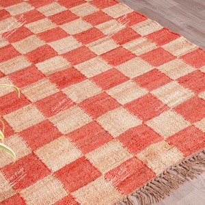 Hand-woven Checkered Box Design Jute Kilim Rug Beige and Red Kilim Jute ...