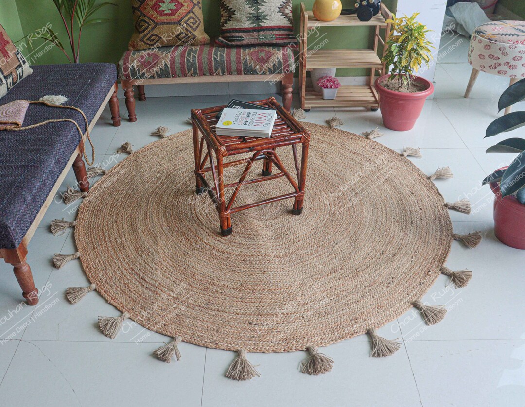 Custom Size Hand Braided Round Natural Jute Rug With Tassels Natural ...