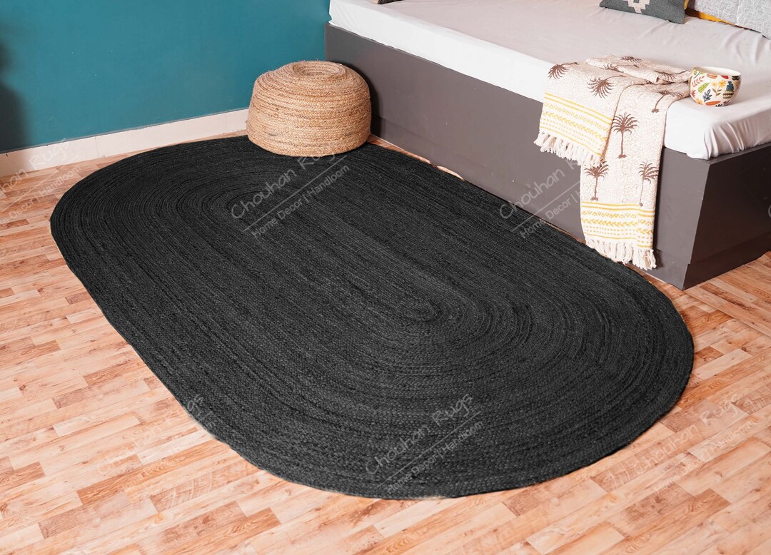 Handmade Black Oval Jute Rug: Braided Bohemian Doormat, Solid Black ...