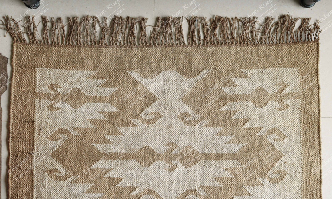 Handmade Wool Jute Kilim Rug: Woven Bricks Design Durrie Runner, Rustic ...
