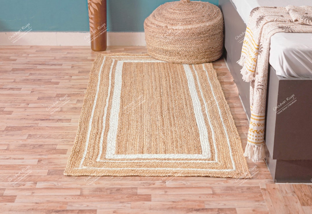 Beige With White Border Handmade Jute Runner Rug, Jute Braided Runner ...