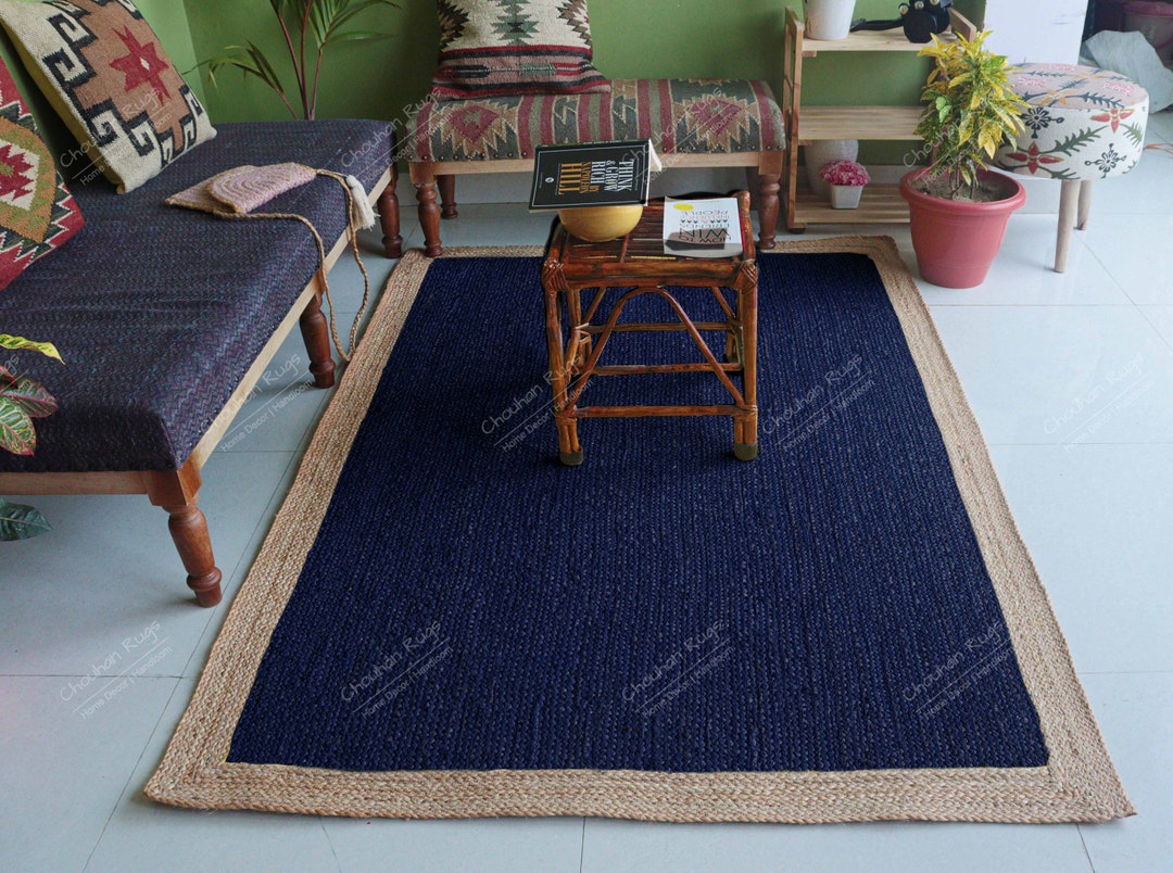 Hand Braided Navy Blue Jute Area Rug With Natural Border, Handmade Rug ...