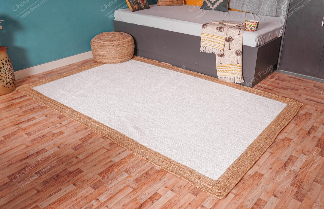 Natural Jute Border With White Solid Carpet, Hand Braided Jute Rug ...