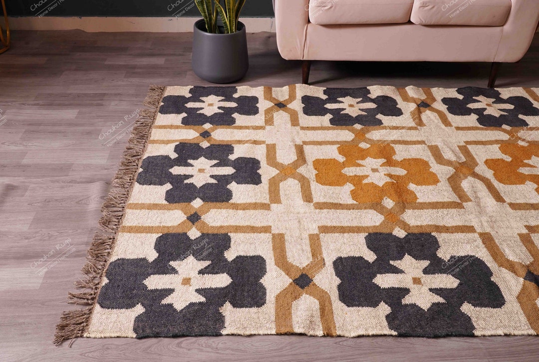 Wool Jute KILIM Rug, Multicolor Jute Rug Wool Rug Kilim Dhurrie ...