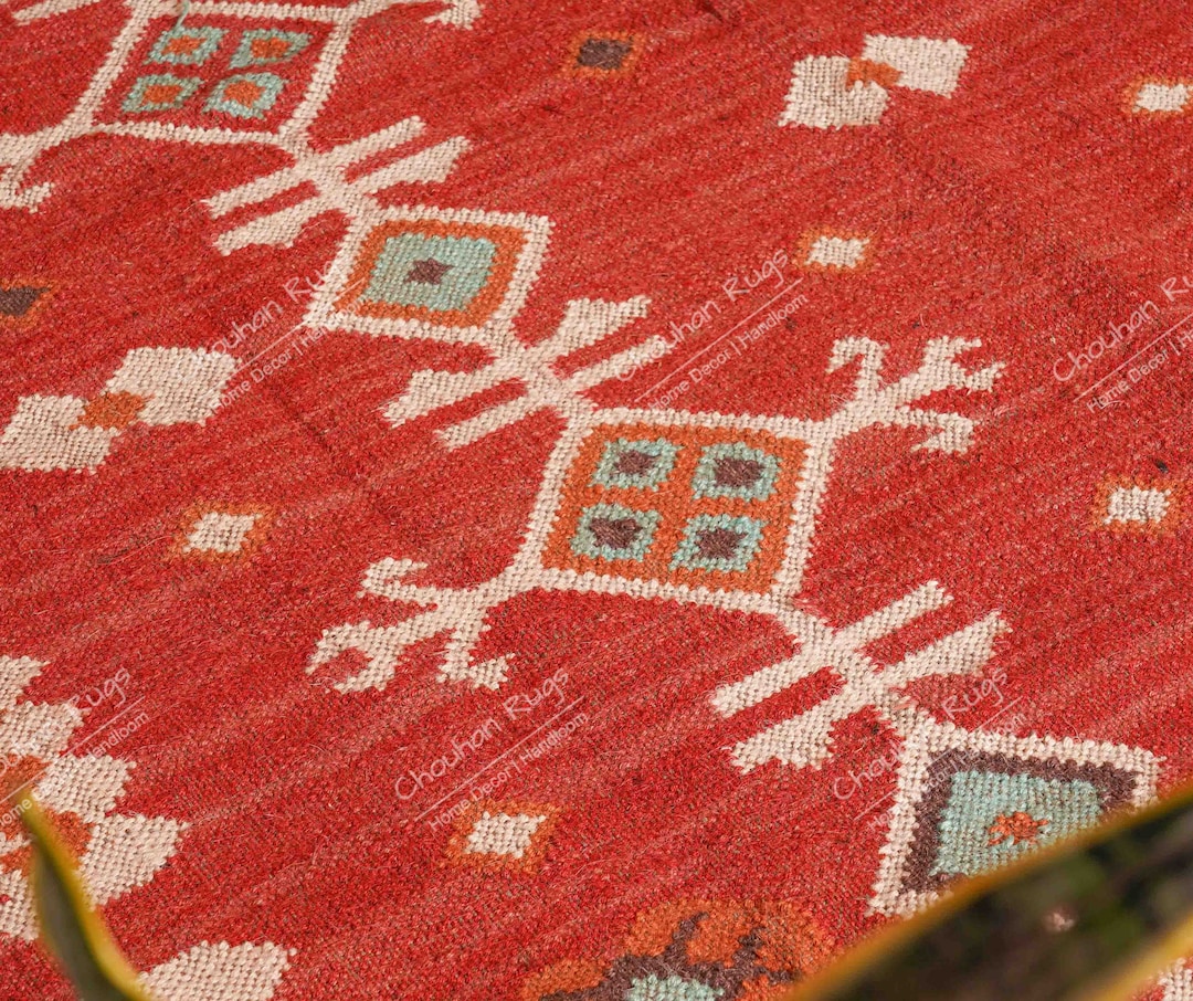 Wool and Jute Rug in Red Color, Handmade Kilim Dhurrie Rug, Traditional ...