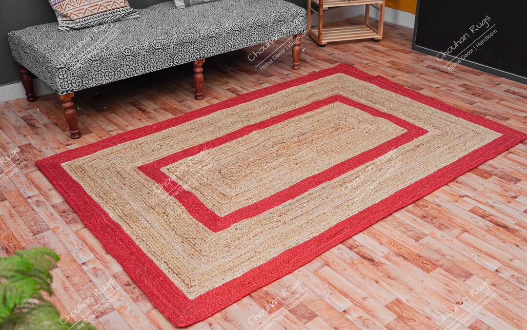 Handmade Natural Jute Braided Rectangle Rug With Red Border Custom Size ...