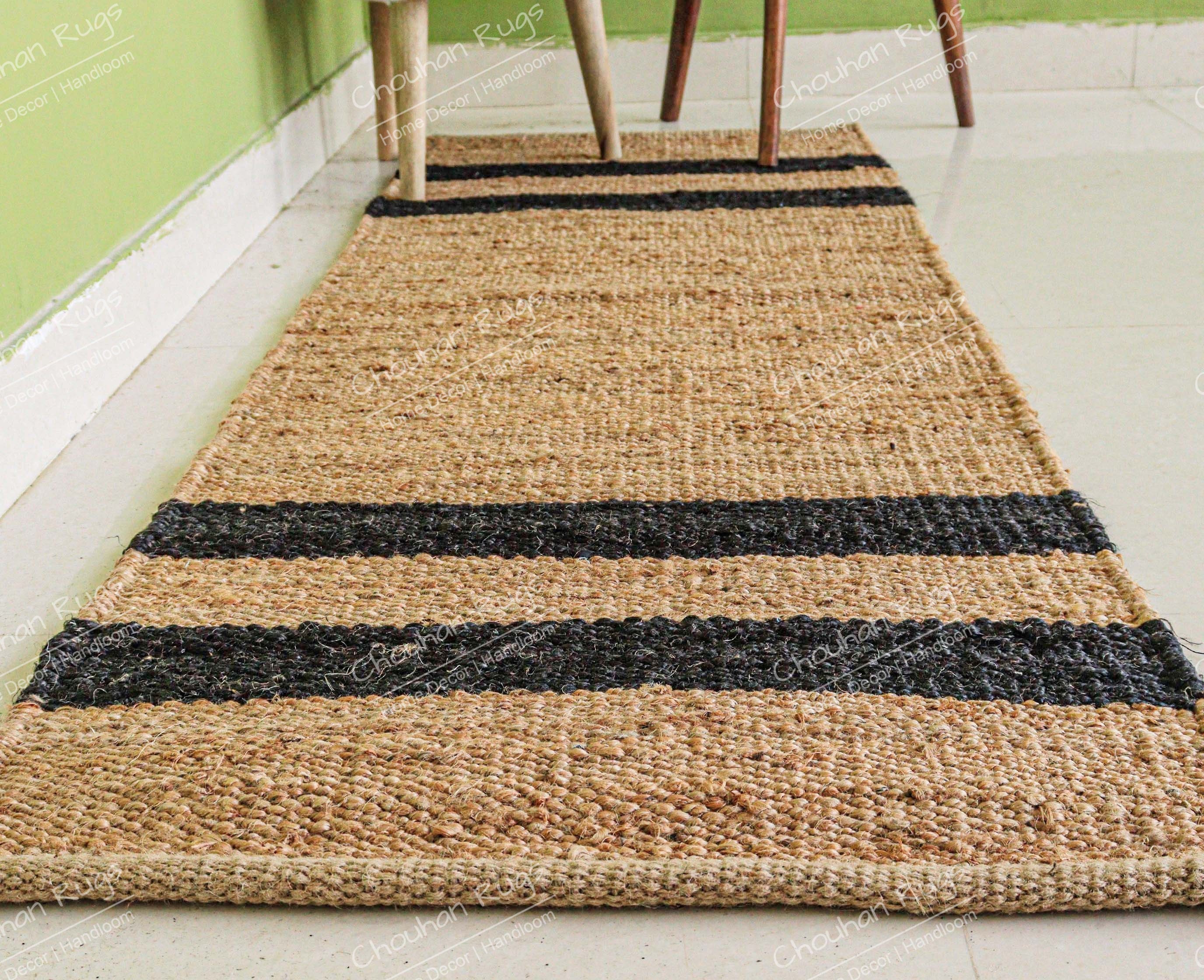 Custom Size Handloomed Beige With Black Stripes Jute Hemp Runner Rug ...