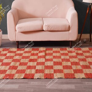 Hand-woven Checkered Box Design Jute Kilim Rug Beige and Red Kilim Jute ...