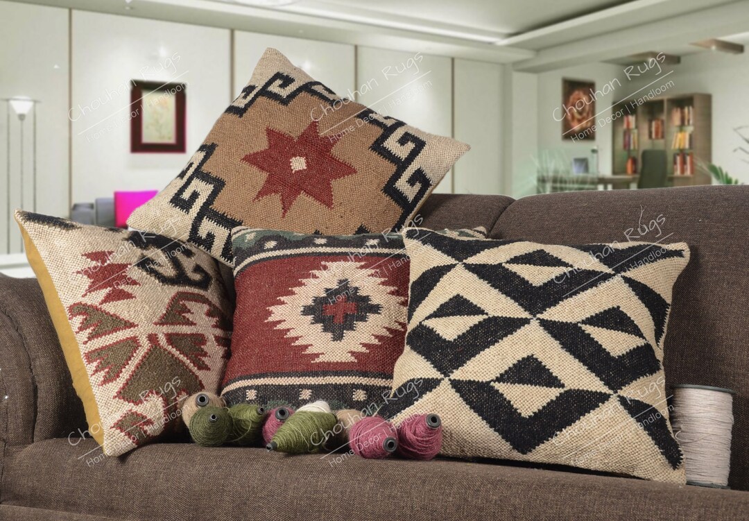 4 Set of Vintage Jute Cushion Cover Throw Indian Jute Cushions Handmade ...