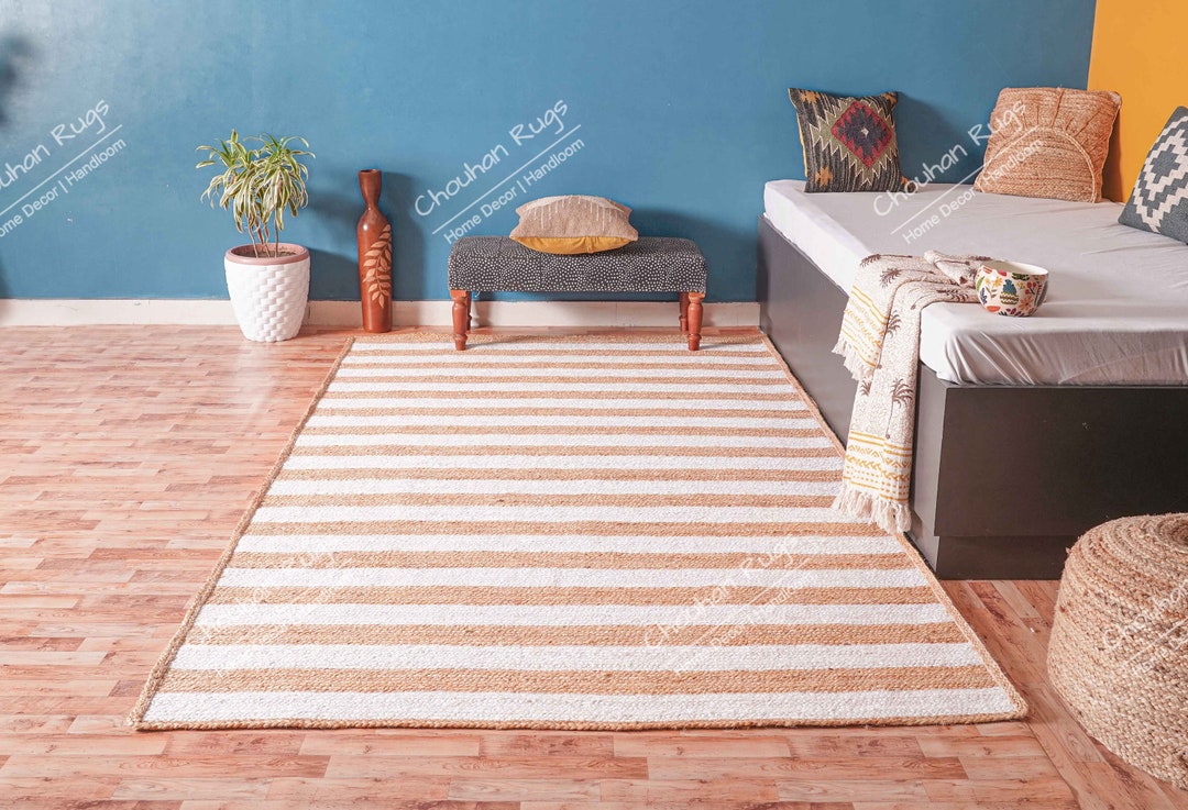 Natural Jute White Stripe Living Area Rug Large Sisal Bedroom Dining ...