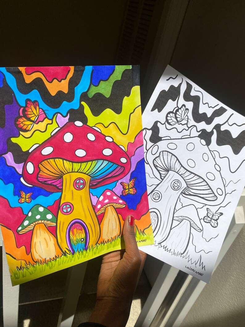 Trippy Mushroom House Printable Coloring Page, Psychedelic Coloring ...