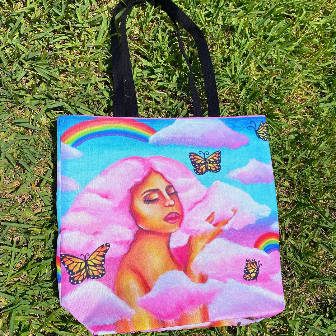 Trippy Art Tote Bag, Cotton Candy Clouds, Rainbow Butterflies Purse ...