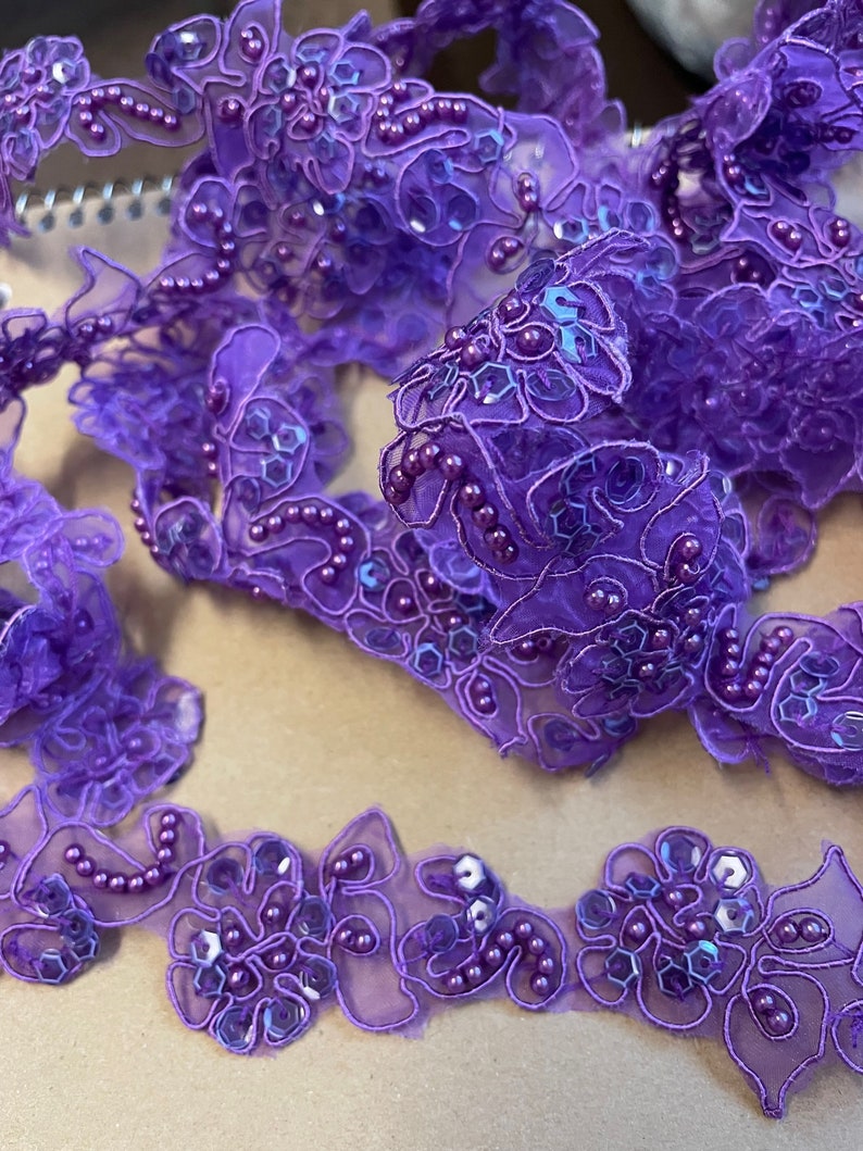 Purple Beaded Lace Trim 2 Yards Piece the Width is 1 1/4 at Highest ...
