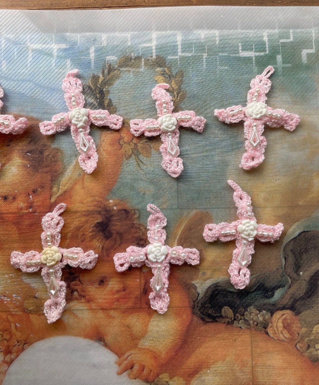 Crochet Pink Crosses With Pearls and Flower for Christian Baby Showers ...