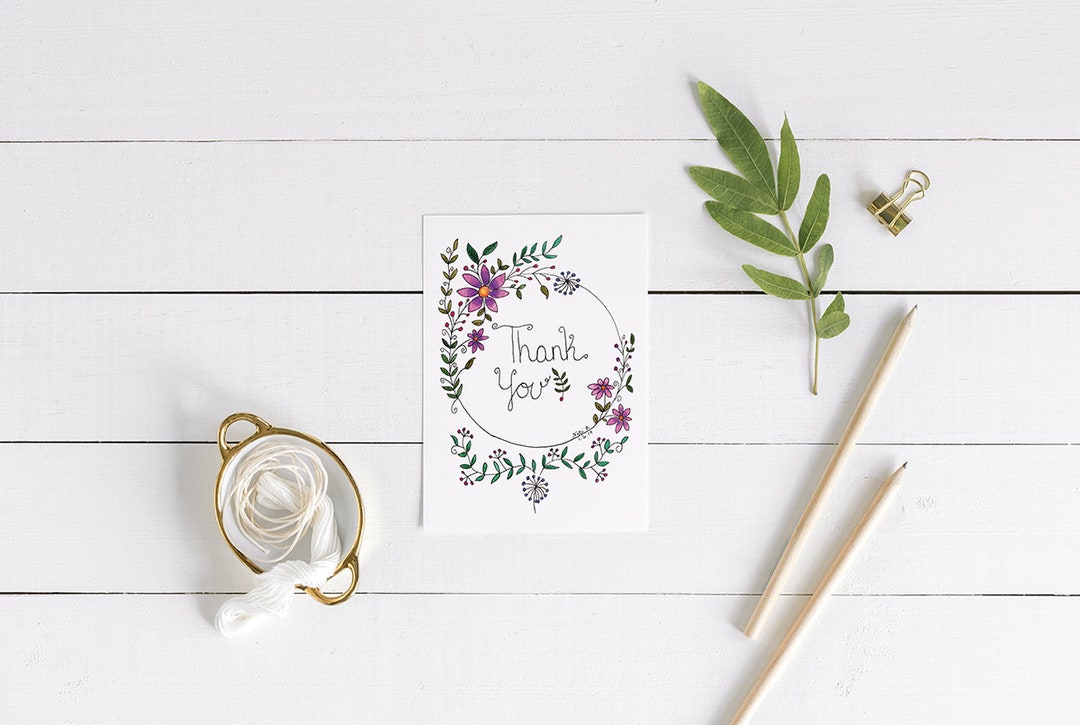 Thank You Flowery Wreath Card Greeting Card Blank Inside Any Occasion ...